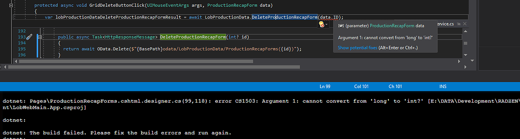 SQL Long to Int issue - Angular - Radzen