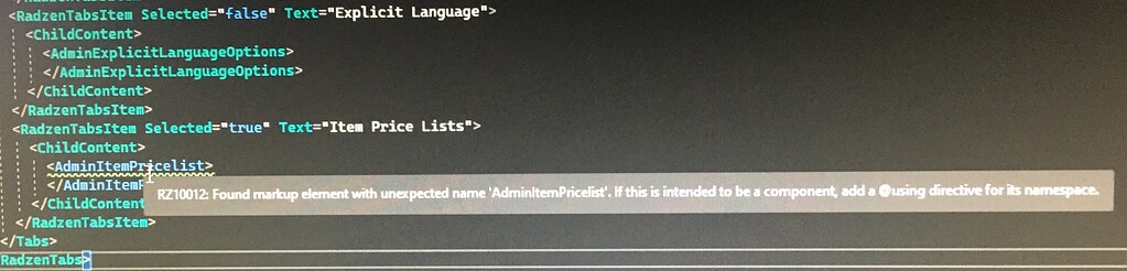 RZ10012 custom component cannot find name space - Blazor Server - Radzen