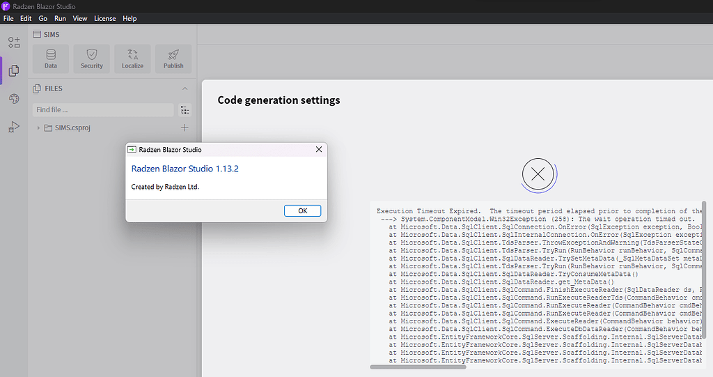 Timeout in IDE - Radzen Blazor Studio - Radzen