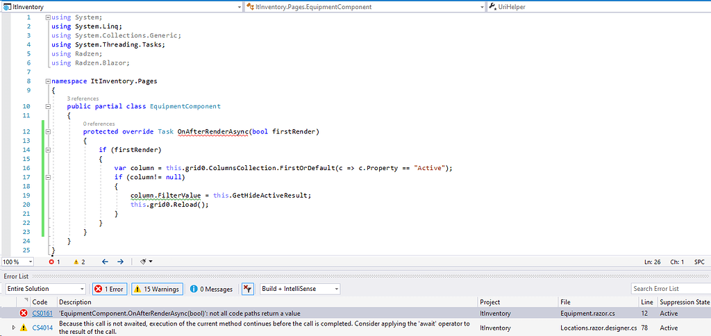 Default filter value for DataGrid column example issues - Blazor Server - Radzen