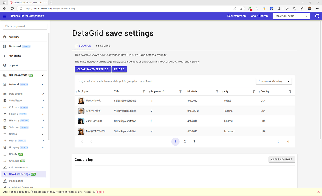 Online demo fault Reload Error save settings - Radzen.Blazor Components - Radzen