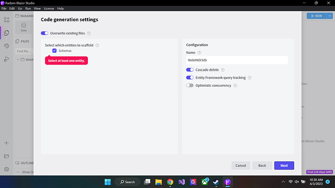 Unable to add Data (Code Generation Settings) - Radzen Blazor Studio - Radzen