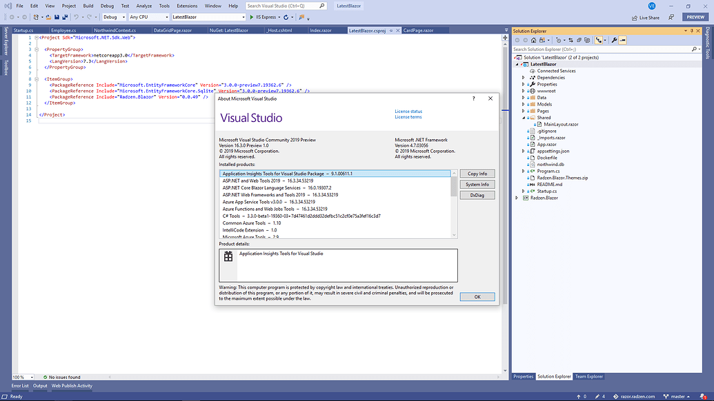 Sample application build error - Blazor Server - Radzen