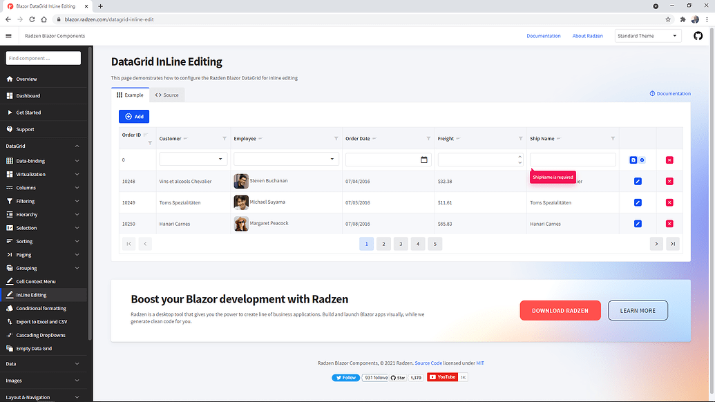 RadzenDataGrid inline add with validator - Radzen.Blazor Components - Radzen