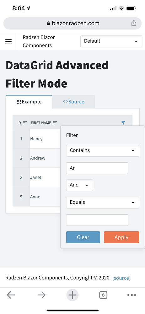 DataGrid Filter on Phone - Radzen.Blazor Components - Radzen DataGrid Filter on Phone - Radzen.Blazor Components - Radzen