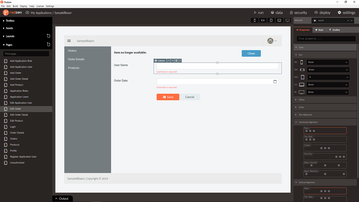 Form with row with 4 columns - Blazor Server - Radzen