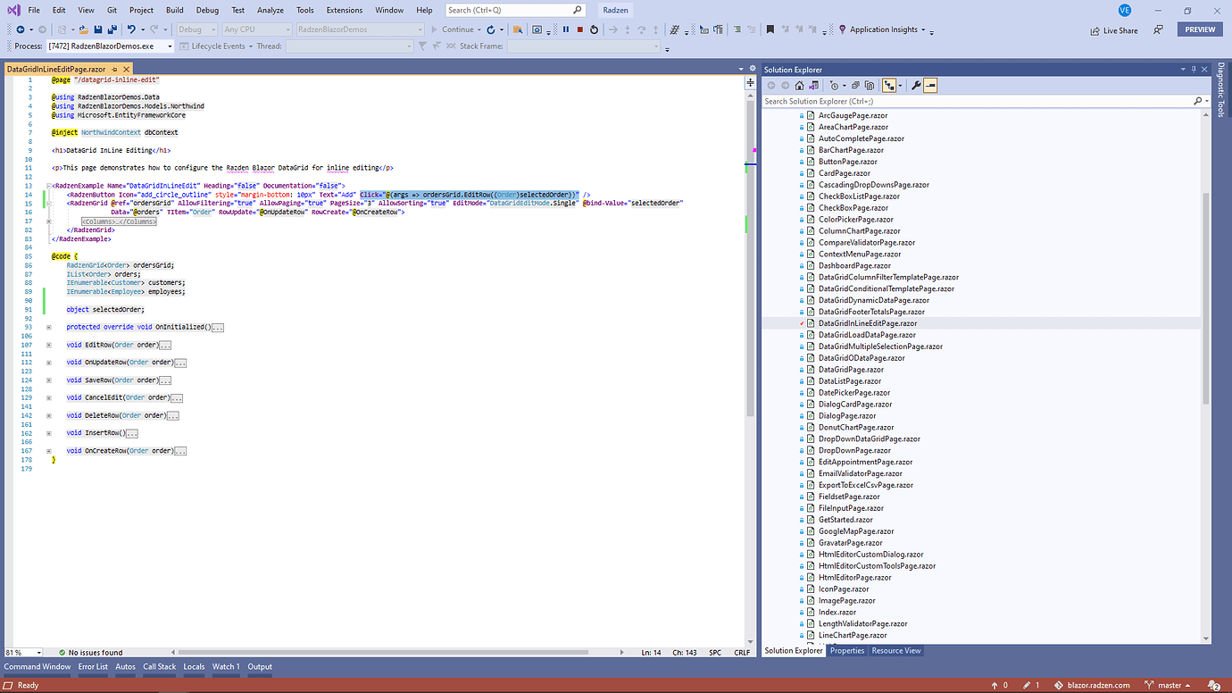 Blazor Data Grid Edit Row By External Button Radzenblazor Components Radzen