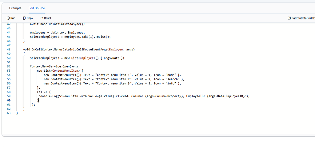 Radzen DataGrid Cell context menu custom icon - Radzen.Blazor Components - Radzen