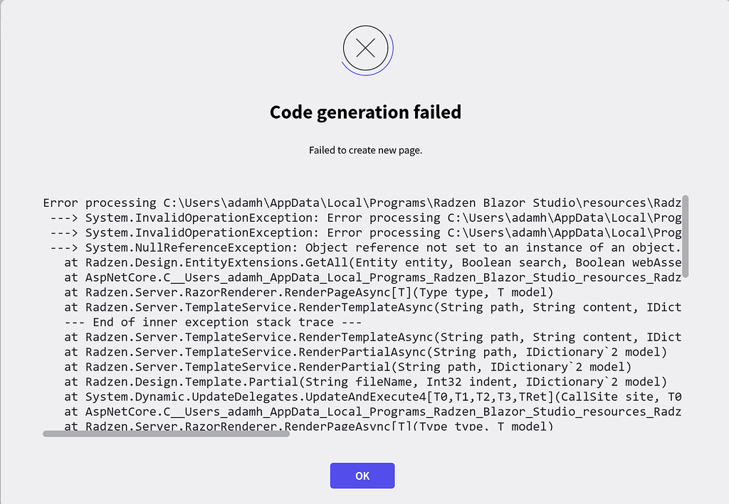 New CRUD page creation fails with exception - Radzen Blazor Studio - Radzen