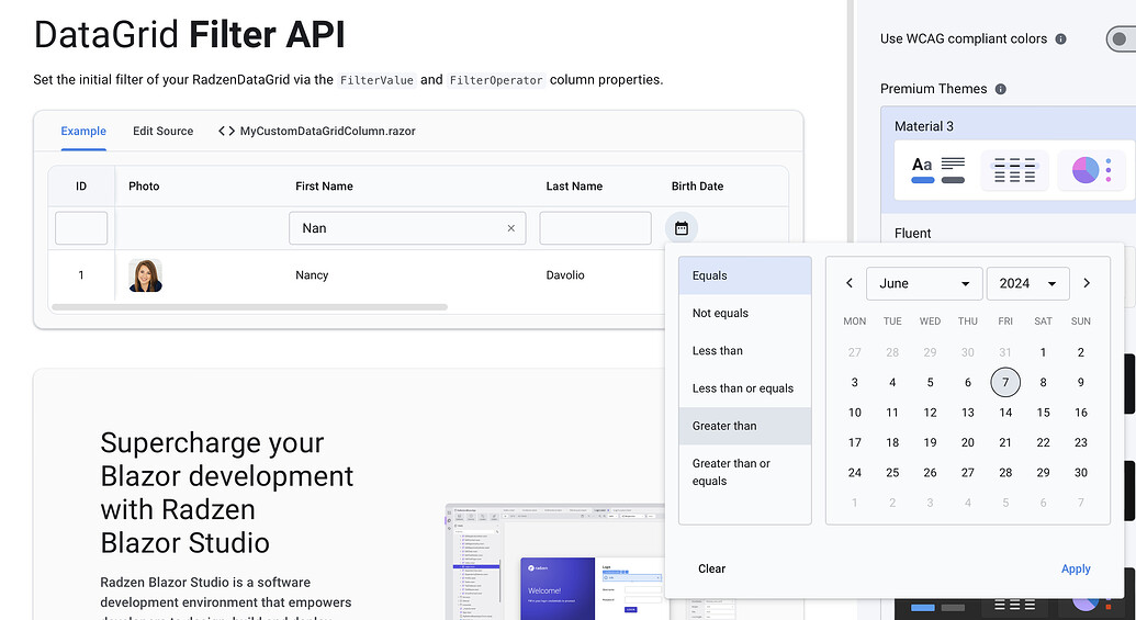 How can I choose options for column filters of DataGrid - Radzen.Blazor Components - Radzen