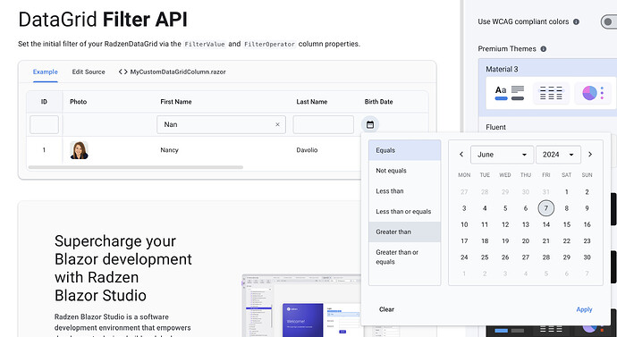 How can I choose options for column filters of DataGrid - Radzen.Blazor Components - Radzen