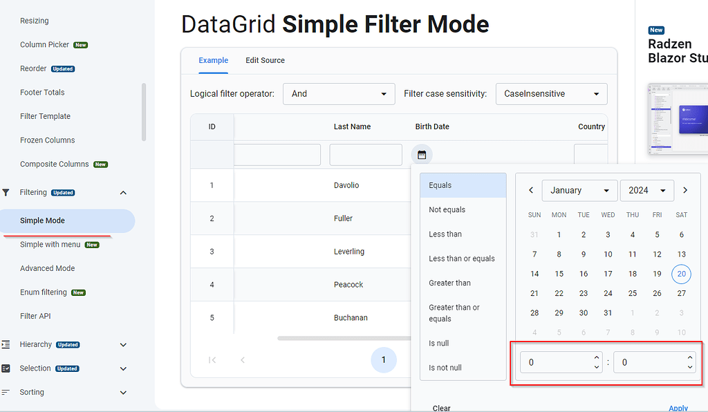 RadzenDataGrid. DateTime filtering in "Simple with menu" mode - Radzen.Blazor Components - Radzen