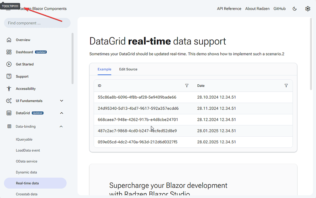 Tooltip and DataGrid real-time data - Radzen.Blazor Components - Radzen
