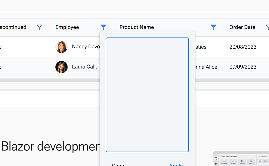 RadzenDataGrid Excel-like Checkbox filters show blank on first click after multiple columns are ...