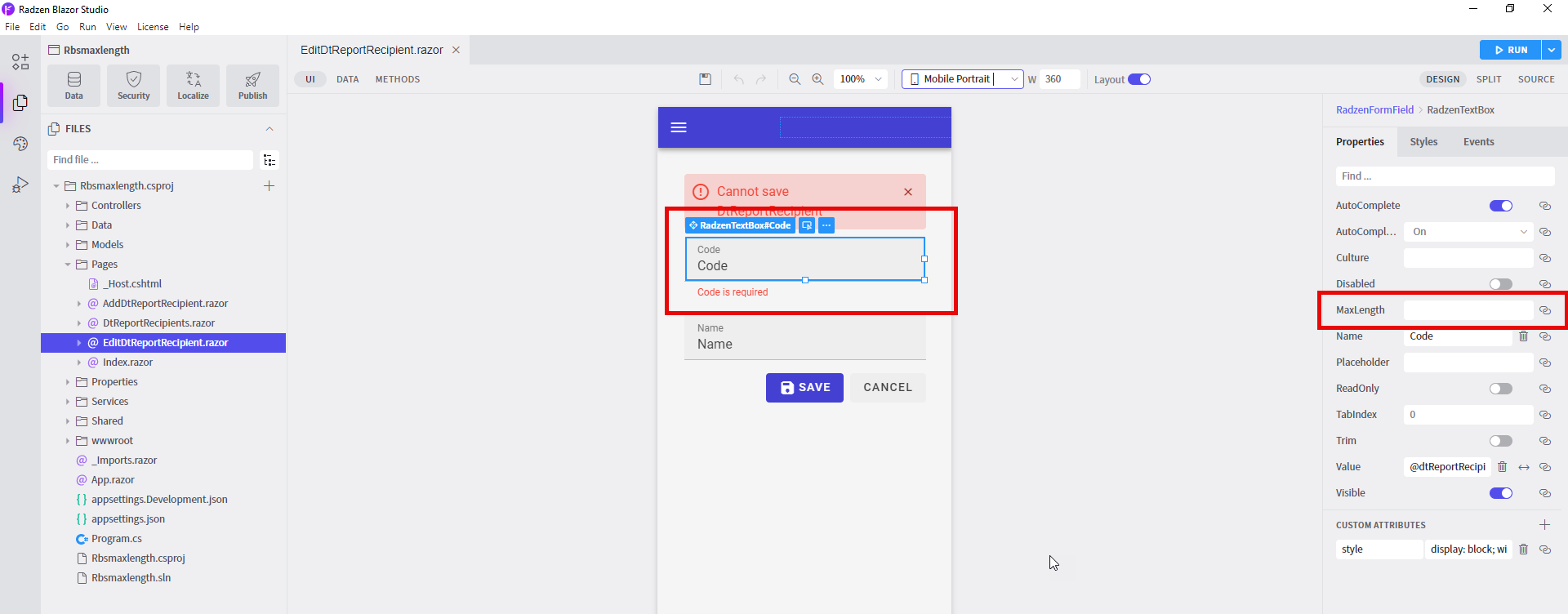 CRUD page generation MaxLength not set - Radzen Blazor Studio - Radzen