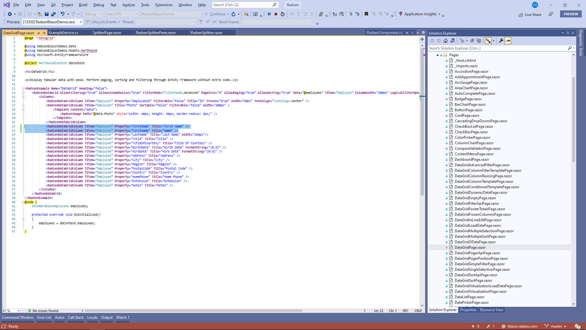 Duplicate columns with same property cannot display different titles - Blazor Server - Radzen