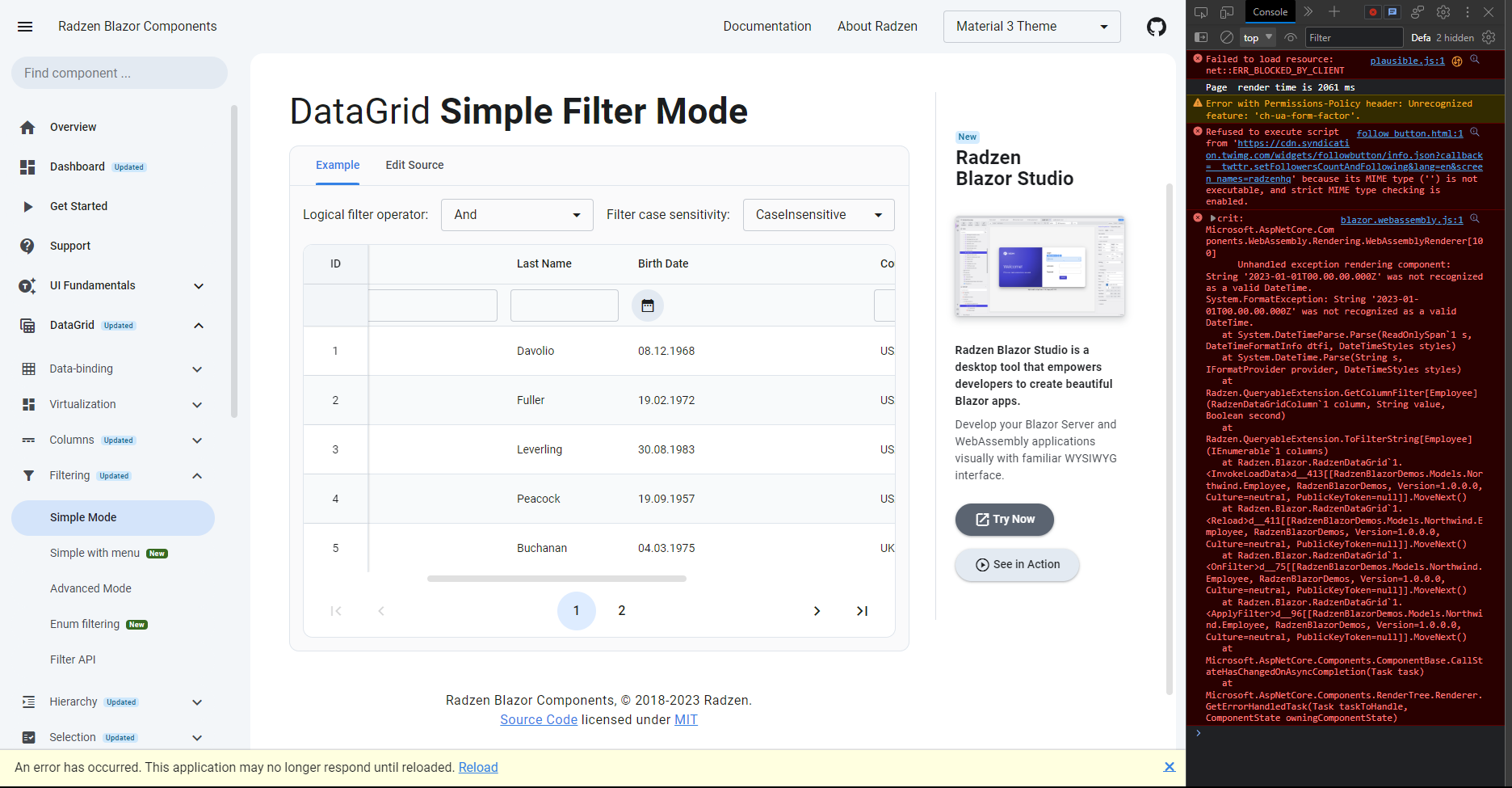 DataGrid date column filter exception - Radzen.Blazor Components - Radzen DataGrid date column filter exception - Radzen.Blazor Components - Radzen
