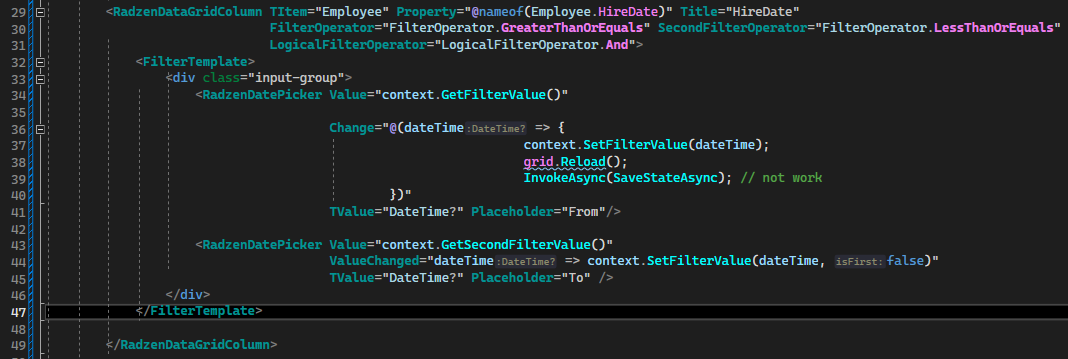 RadzenDataGrid with FilterTemplate + Save-settings - Radzen.Blazor ...