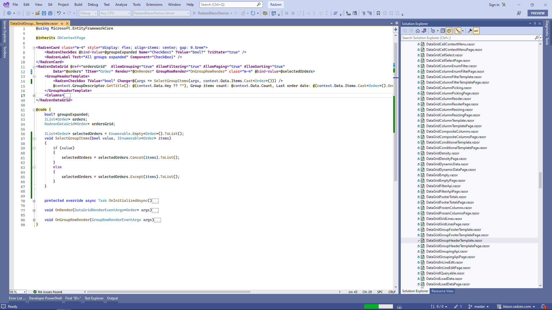 To select GroupHeader - Blazor WebAssembly - Radzen
