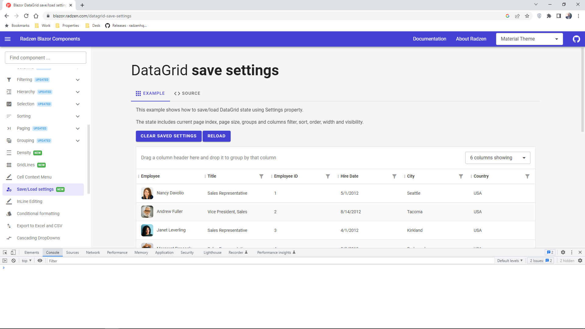 Online demo fault Reload Error save settings - Radzen.Blazor Components - Radzen