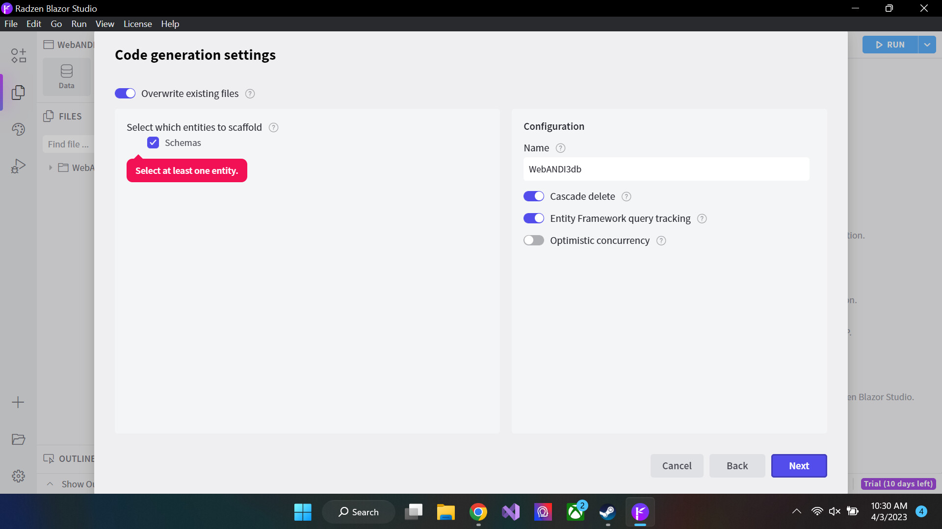 Unable to add Data (Code Generation Settings) - Radzen Blazor Studio - Radzen