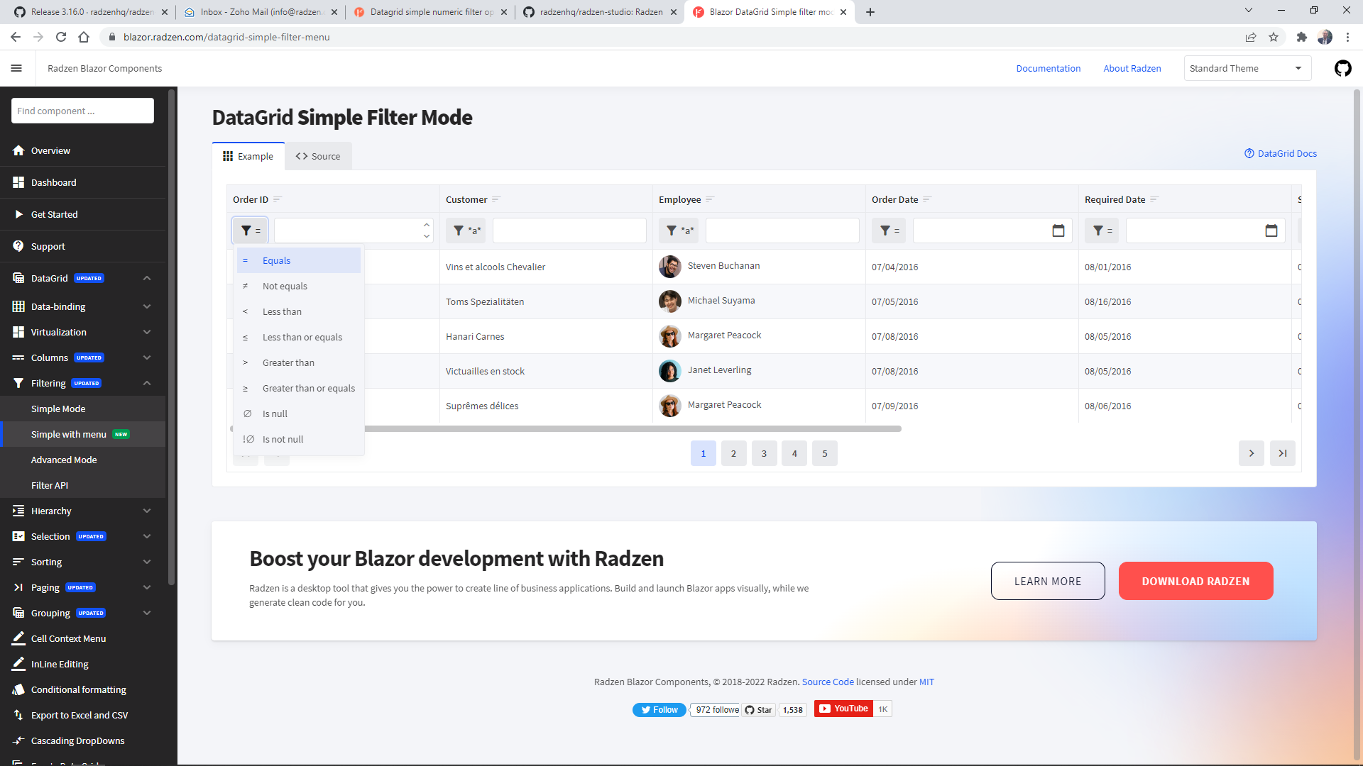 Datagrid simple numeric filter operator - Blazor Server - Radzen Datagrid simple numeric filter operator - Blazor Server - Radzen