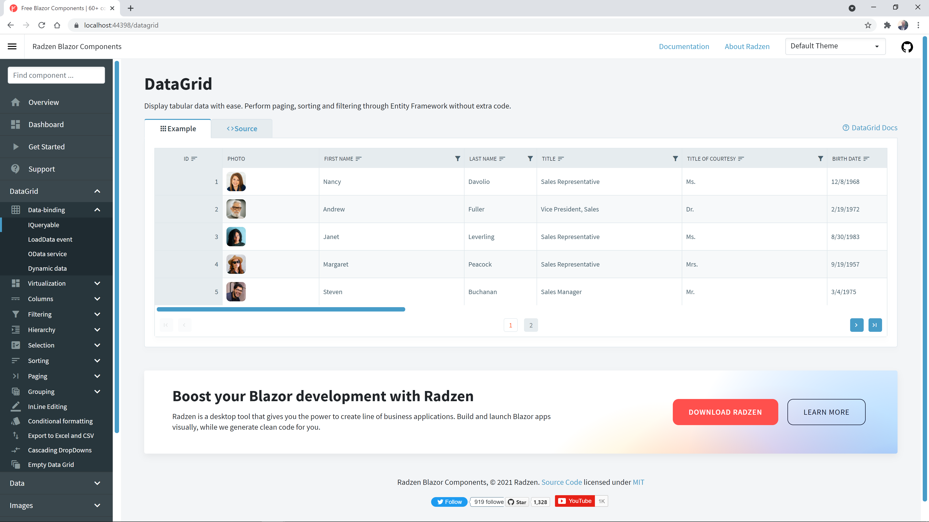Datagrid Header Template Blazor Server Radzen