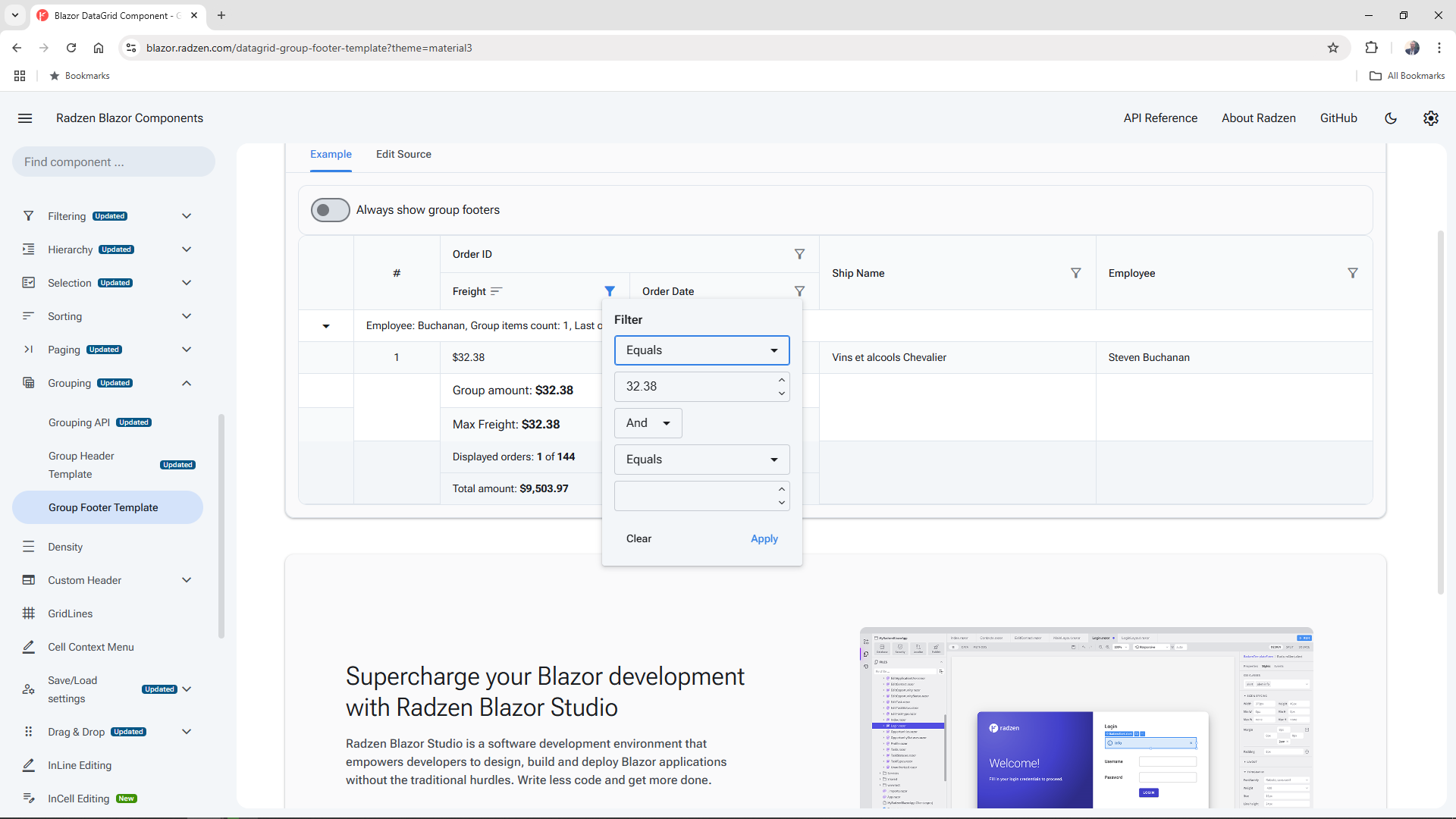 Datagrid update grouping summary when filtering - Radzen.Blazor Components - Radzen