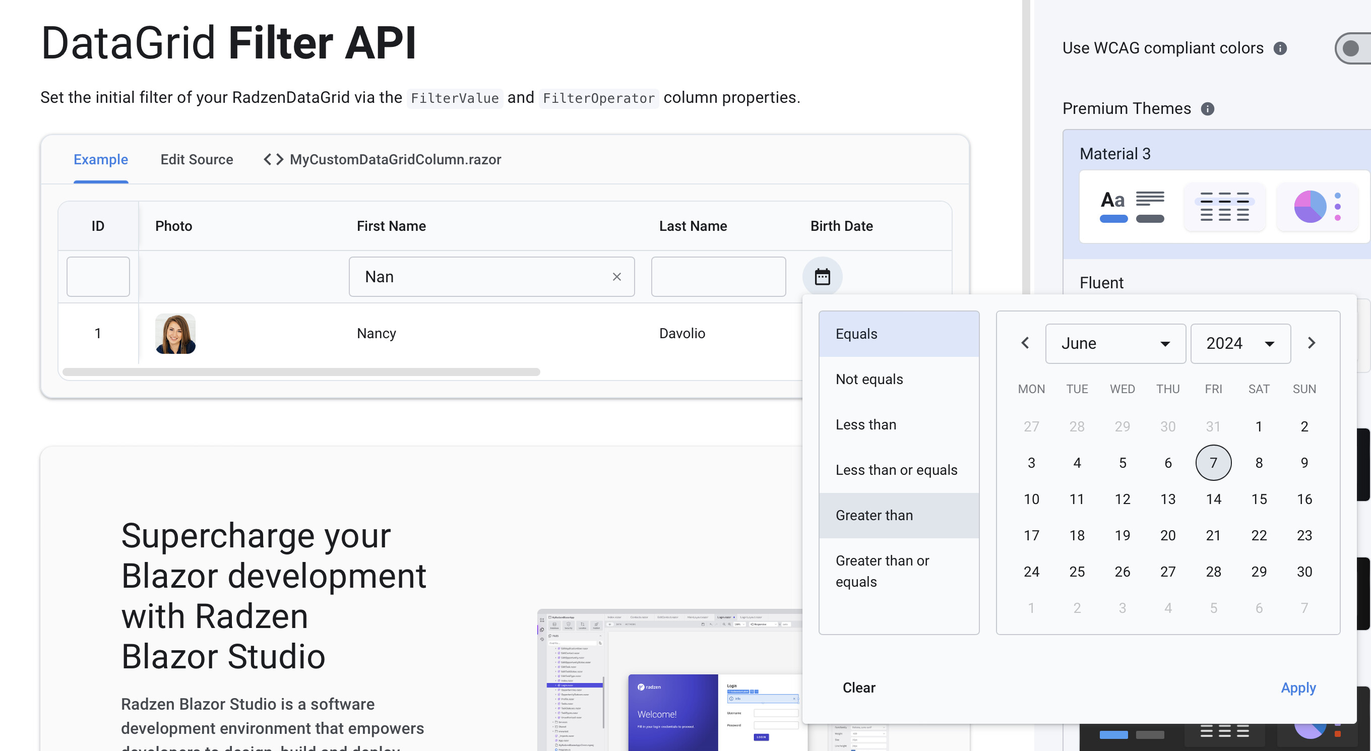 How can I choose options for column filters of DataGrid - Radzen.Blazor Components - Radzen