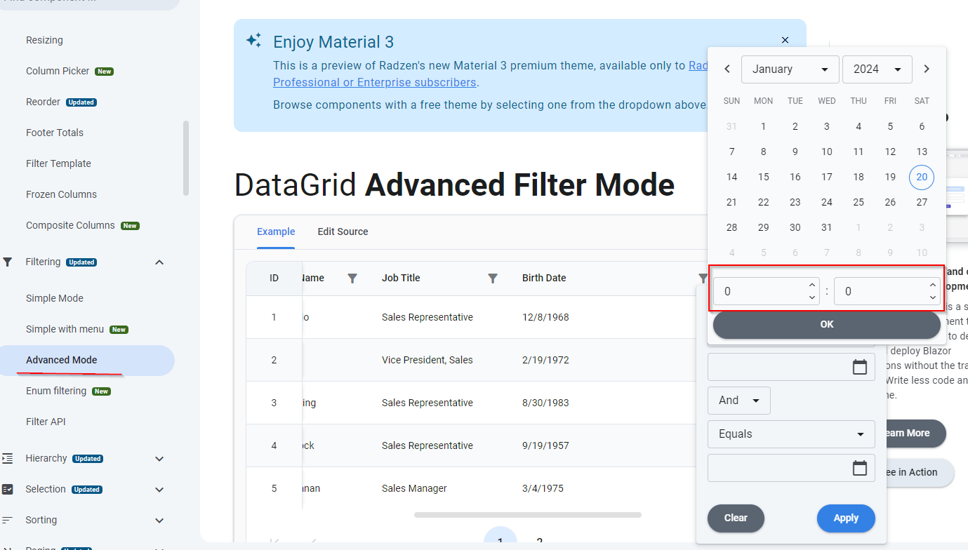 RadzenDataGrid. DateTime filtering in RadzenDataGrid. DateTime filtering in