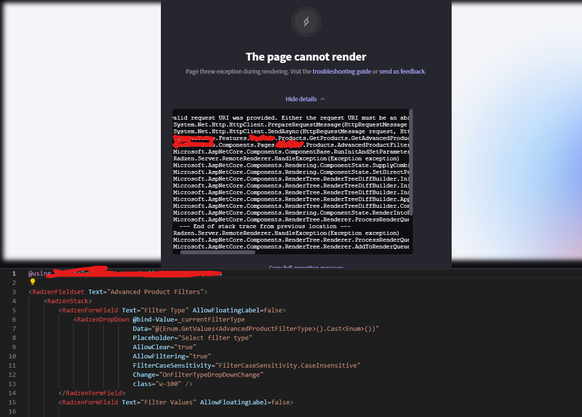 Exception preventing rendering - Radzen Blazor Studio - Radzen Exception preventing rendering - Radzen Blazor Studio - Radzen